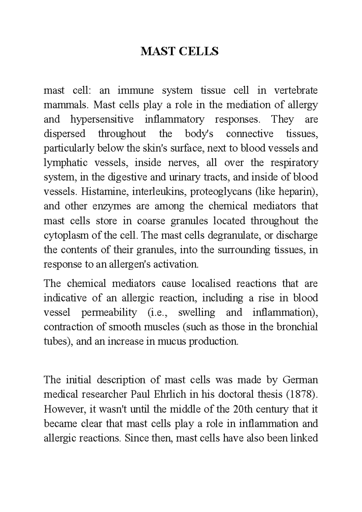 MAST Cells - MAST CELLS mast cell: an immune system tissue cell in ...