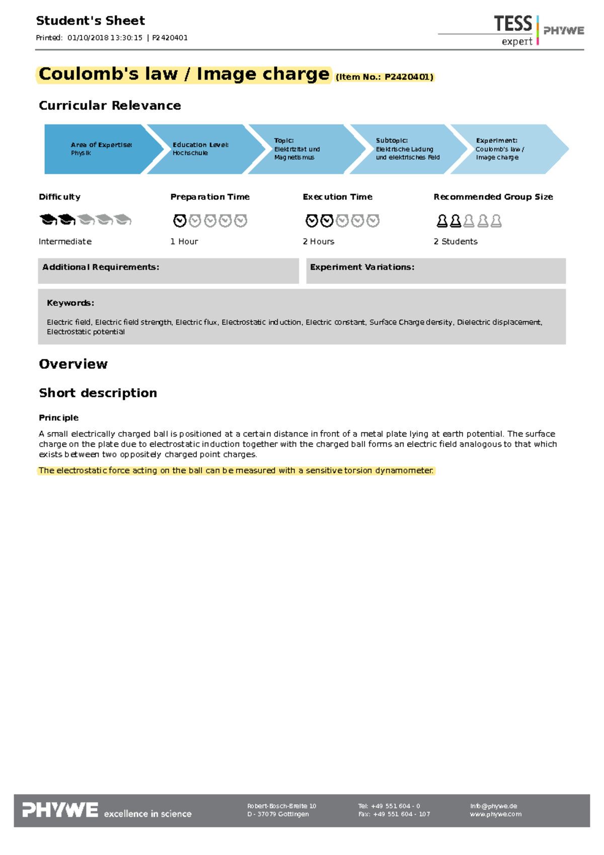 Coulomb's law OR Image charge (Item No. P2420401) - Printed: 01/10/2018 ...