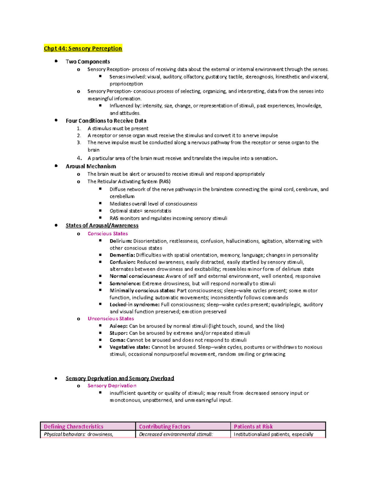 Sensory Perception - Study guide - Chpt 44: Sensory Perception Two ...