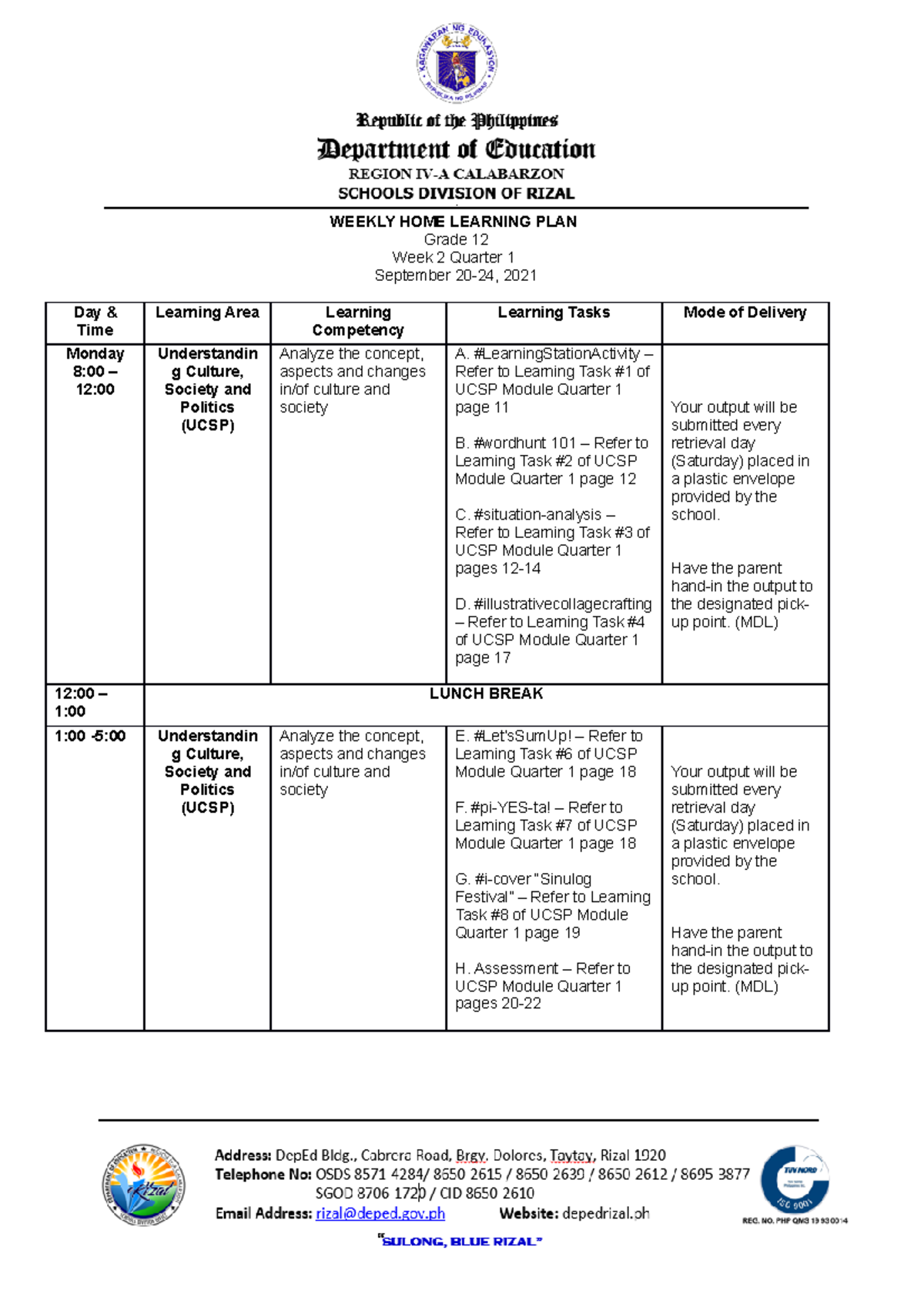 Ucsp whlp wk2 quarter 1 - WEEKLY HOME LEARNING PLAN Grade 12 Week 2 ...