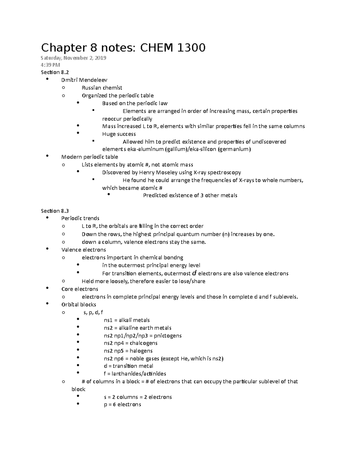Chapter 8 - CHEM 1300 - Textbook notes - Chapter 8 notes: CHEM 1300 ...