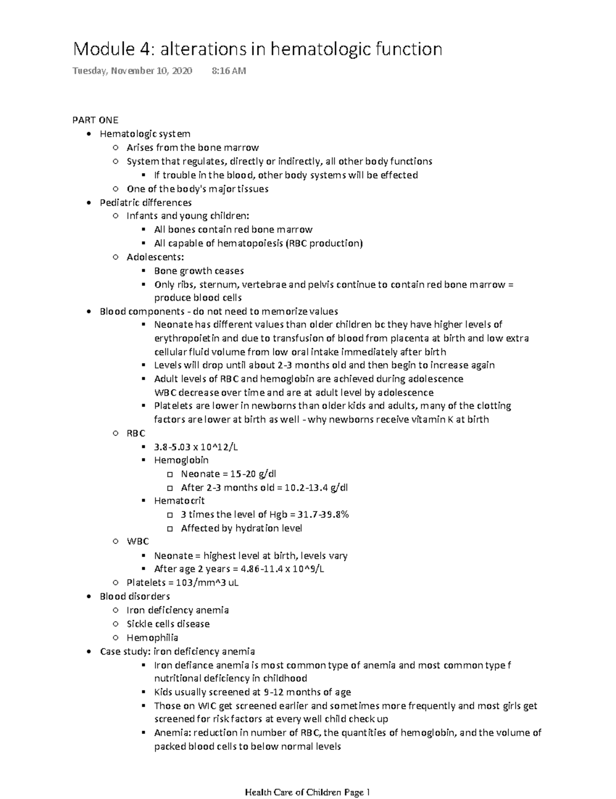 Module 4 alterations in hematologic function - PART ONE Hematologic ...