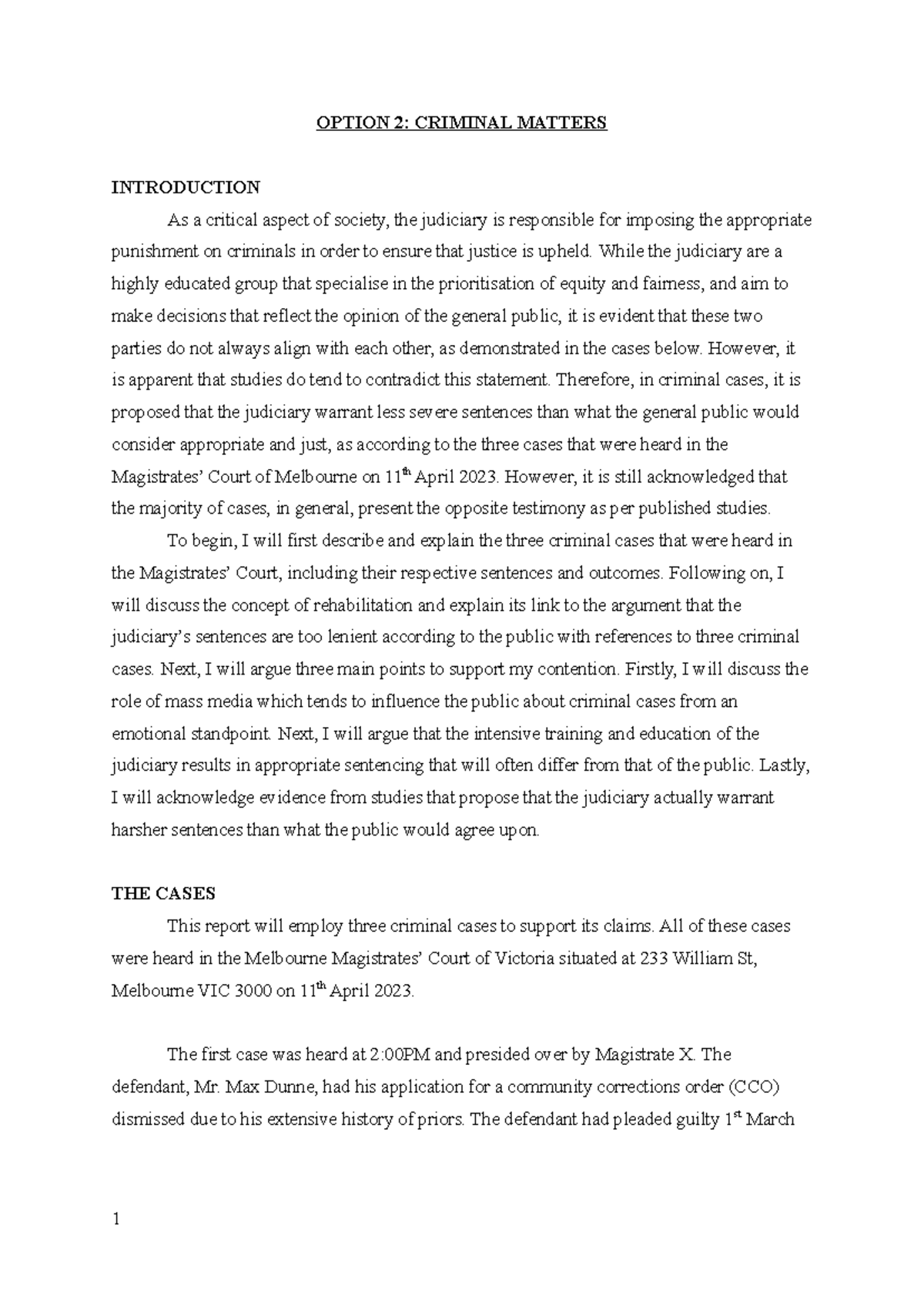 FOL Assessment 1 - Criminal Matters essay - OPTION 2: CRIMINAL MATTERS ...