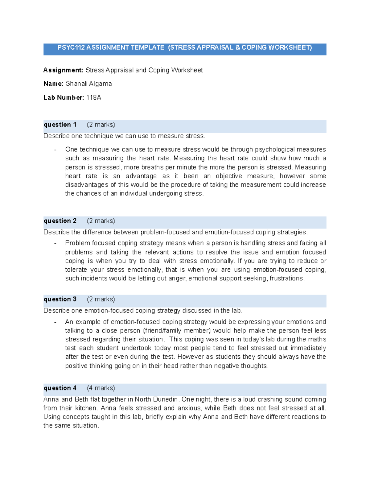 Lab 9 Stress Appraisal and Coping Worksheet - PSYC112 ASSIGNMENT ...
