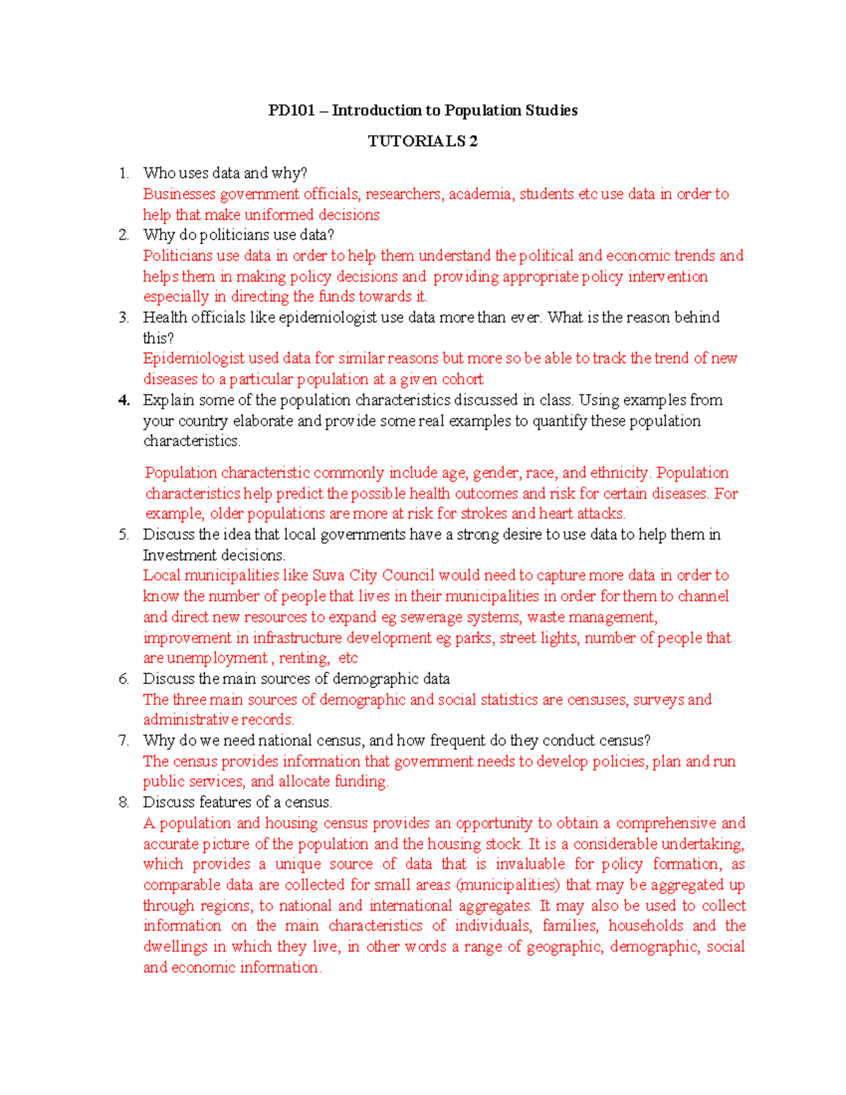PD101- Tutorial 2 solutions 2023 2 - PD101 – Introduction to Population Studies TUTORIALS 2 Who ...