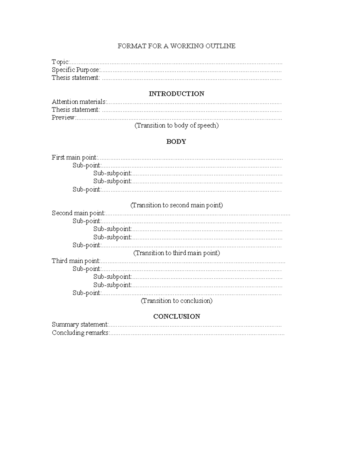 Format working outline - FORMAT FOR A WORKING OUTLINE - Studocu