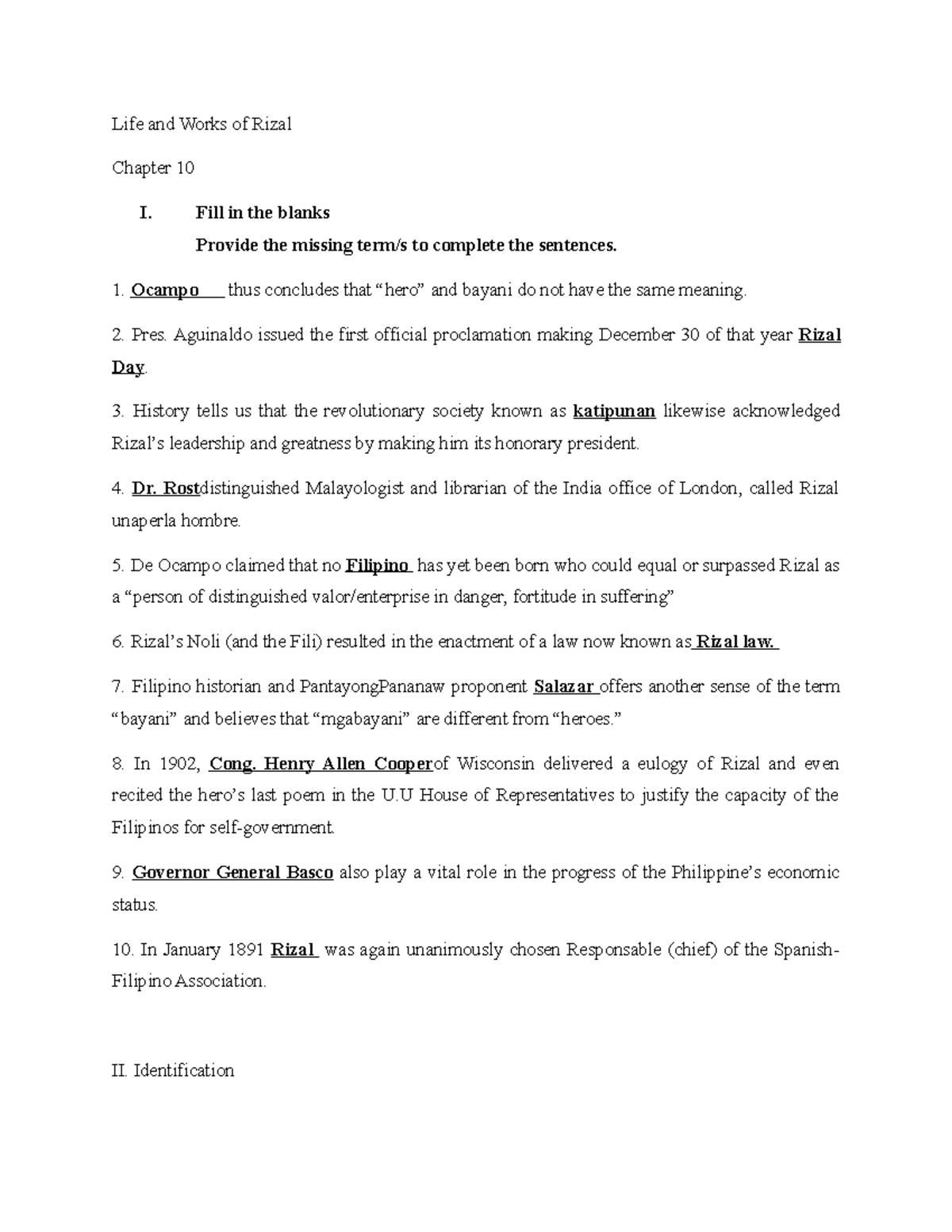 Life and Works of Rizal Chapter-10 - Fill in the blanks Provide the missing term/s to complete ...