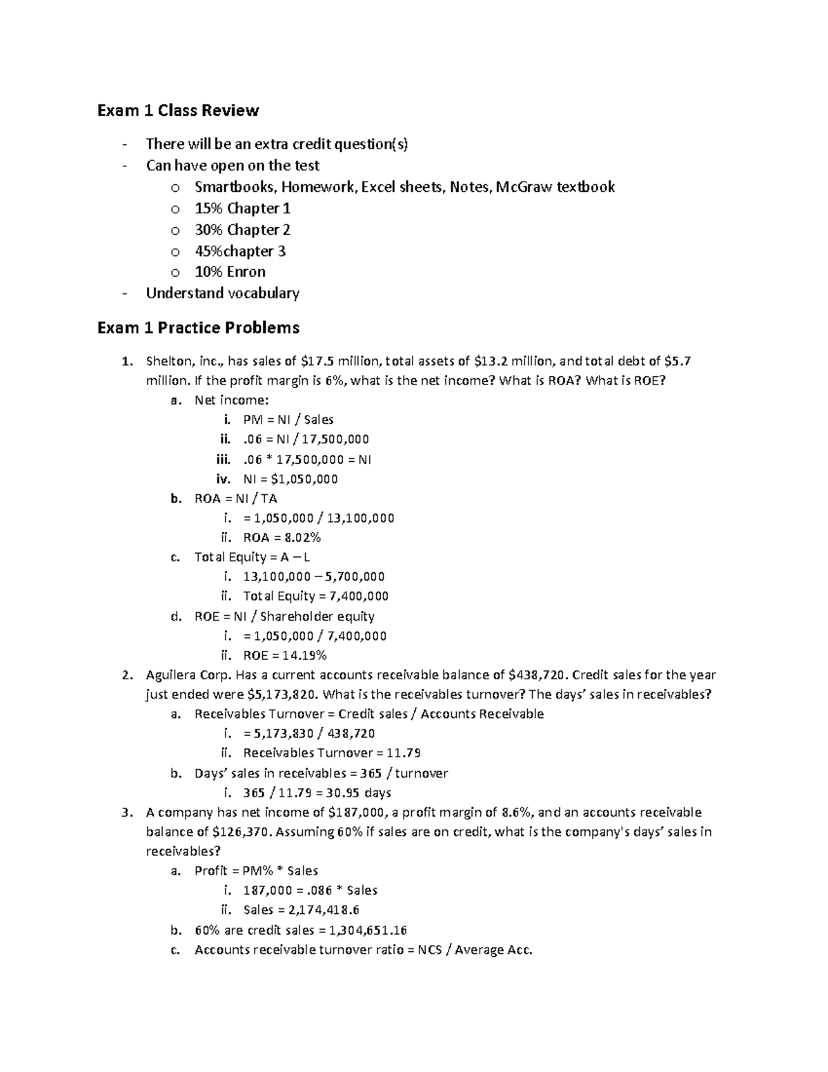 FIN Practice Exam 1 Problems and Review - Exam 1 Class Review - There ...