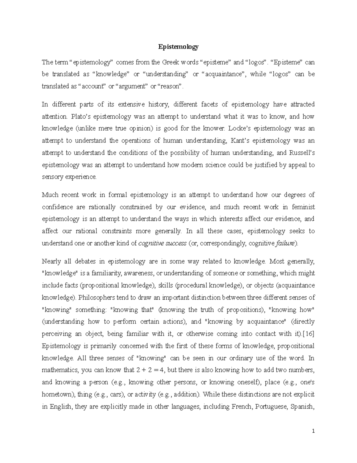 Epistemology - teaching purpose - Epistemology The term “epistemology ...