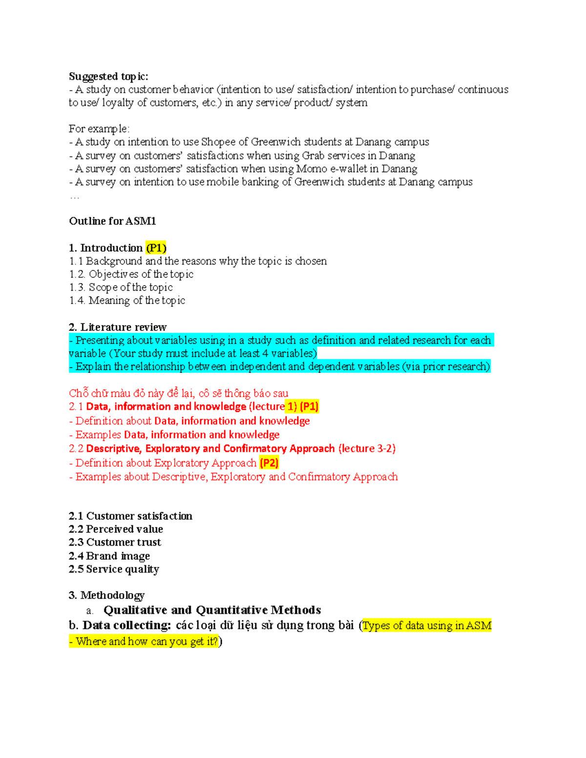 Outline for ASM1 - ssssssssss - Suggested topic: - A study on customer behavior (intention to ...