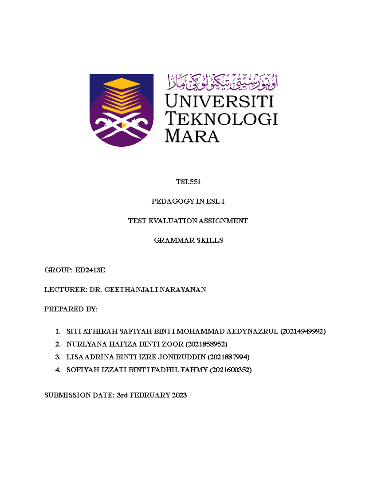 TSL551 TEST Evaluation Grammar Group 6 - TSL PEDAGOGY IN ESL I TEST ...
