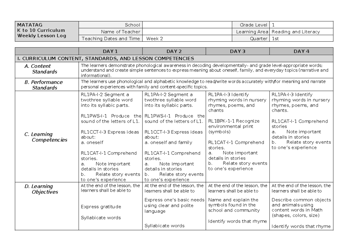 Week 2 reading Matatag curriculum - MATATAG K to 10 Curriculum Weekly ...