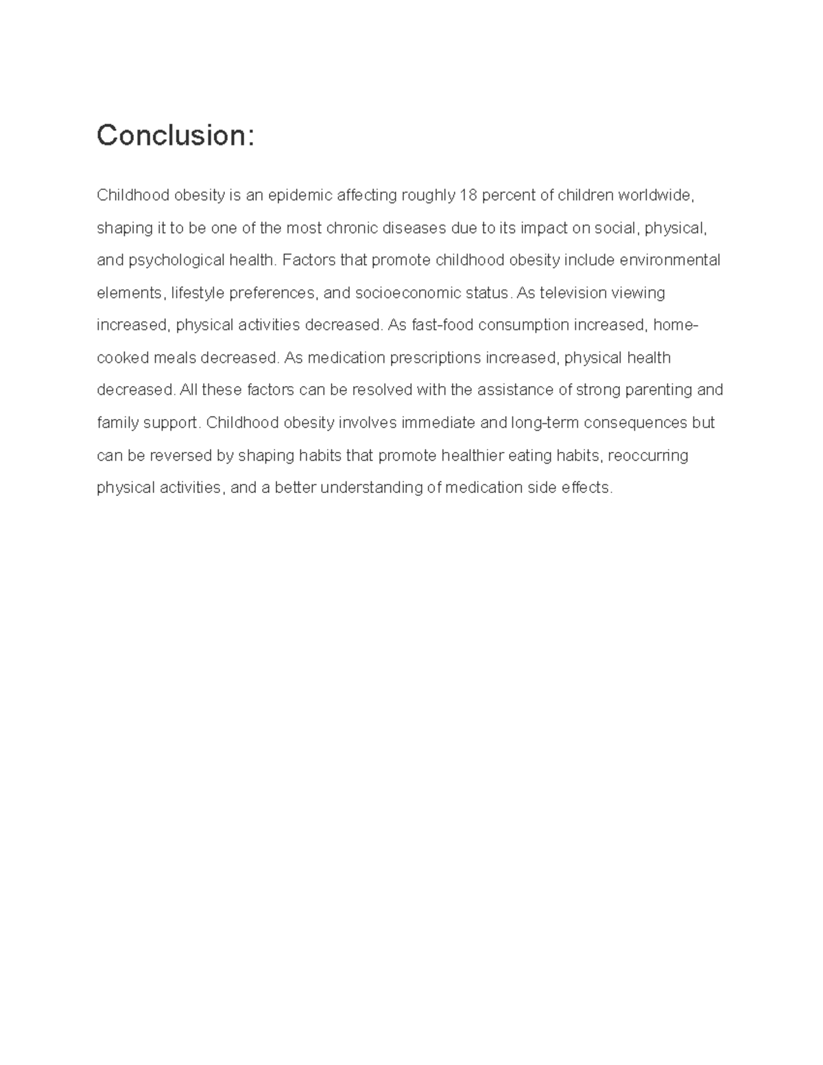 Conclusion - essay - Conclusion: Childhood obesity is an epidemic ...