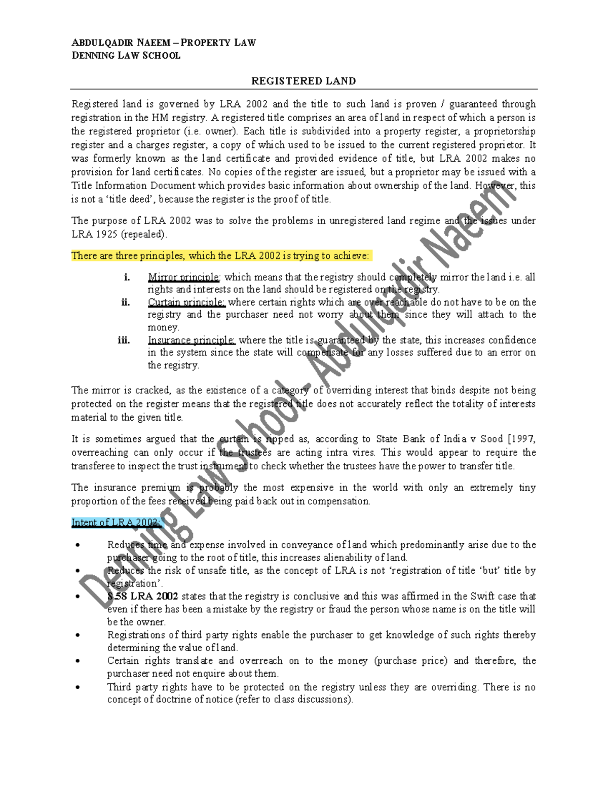 Property Law Registered And Unregistered Land Denning Law School