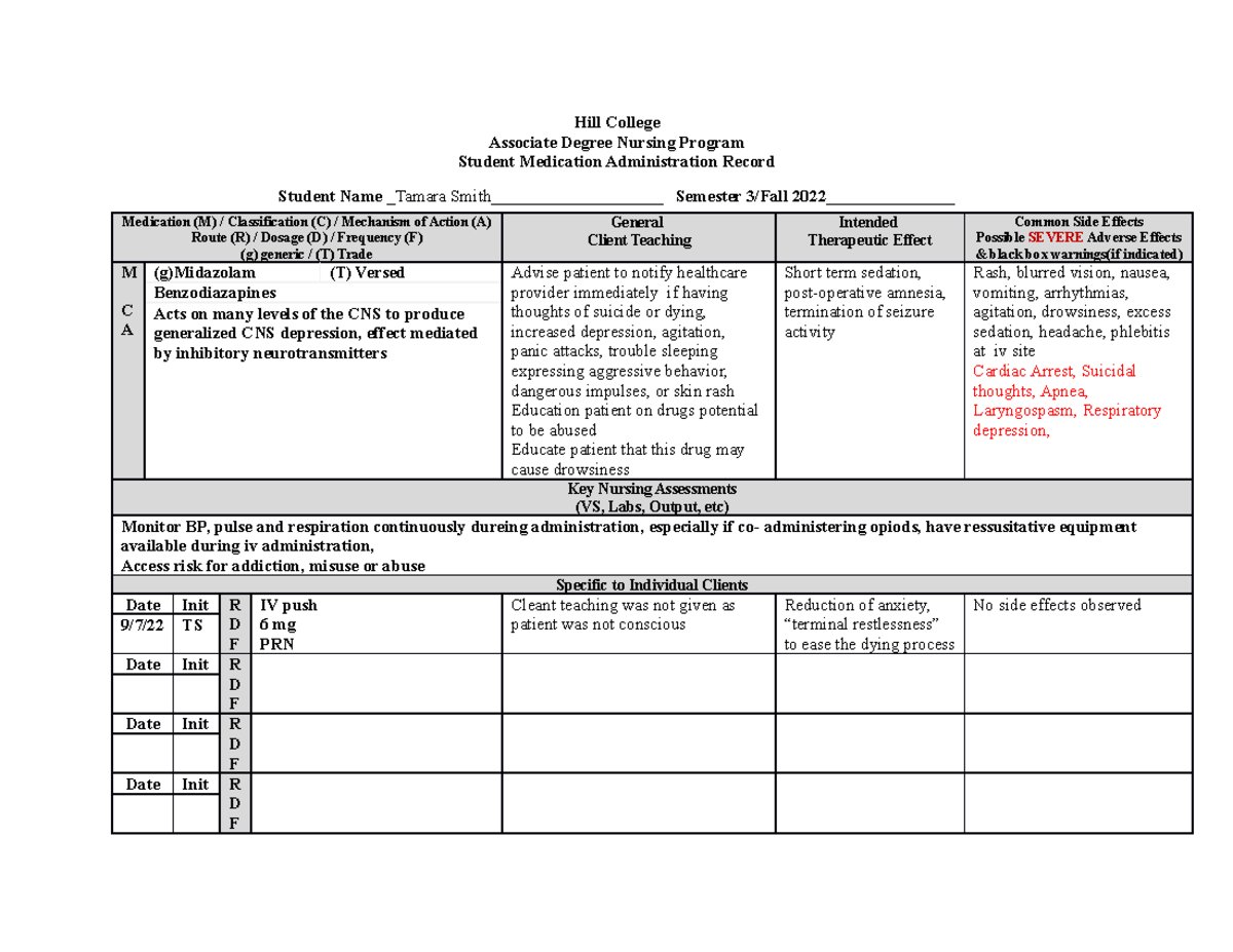 Med Card Midazolam 0907 - Hill College Associate Degree Nursing Program ...
