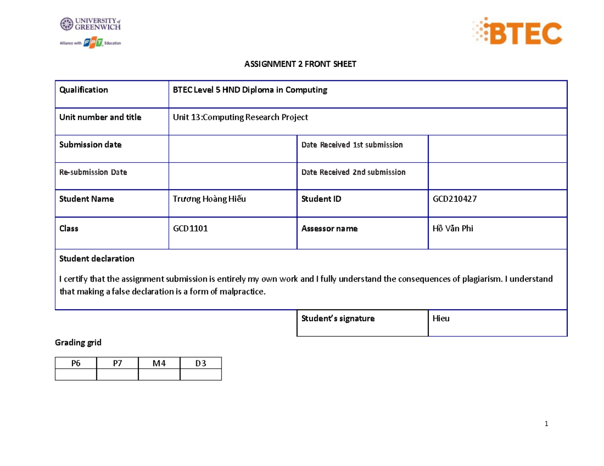 ASM-2-1639 - qaqaqa - ASSIGNMENT 2 FRONT SHEET Qualification BTEC Level 5 HND Diploma in ...