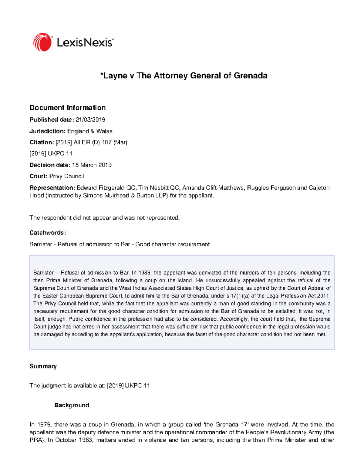 Layne v The Attorney General of Grenada - Document Information ...