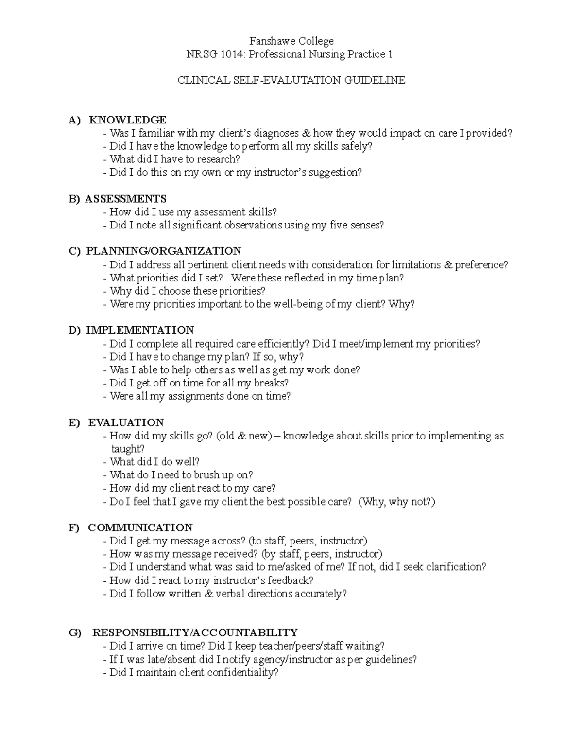 Student Self evaluation Student Self evaluation guidelines - Fanshawe ...