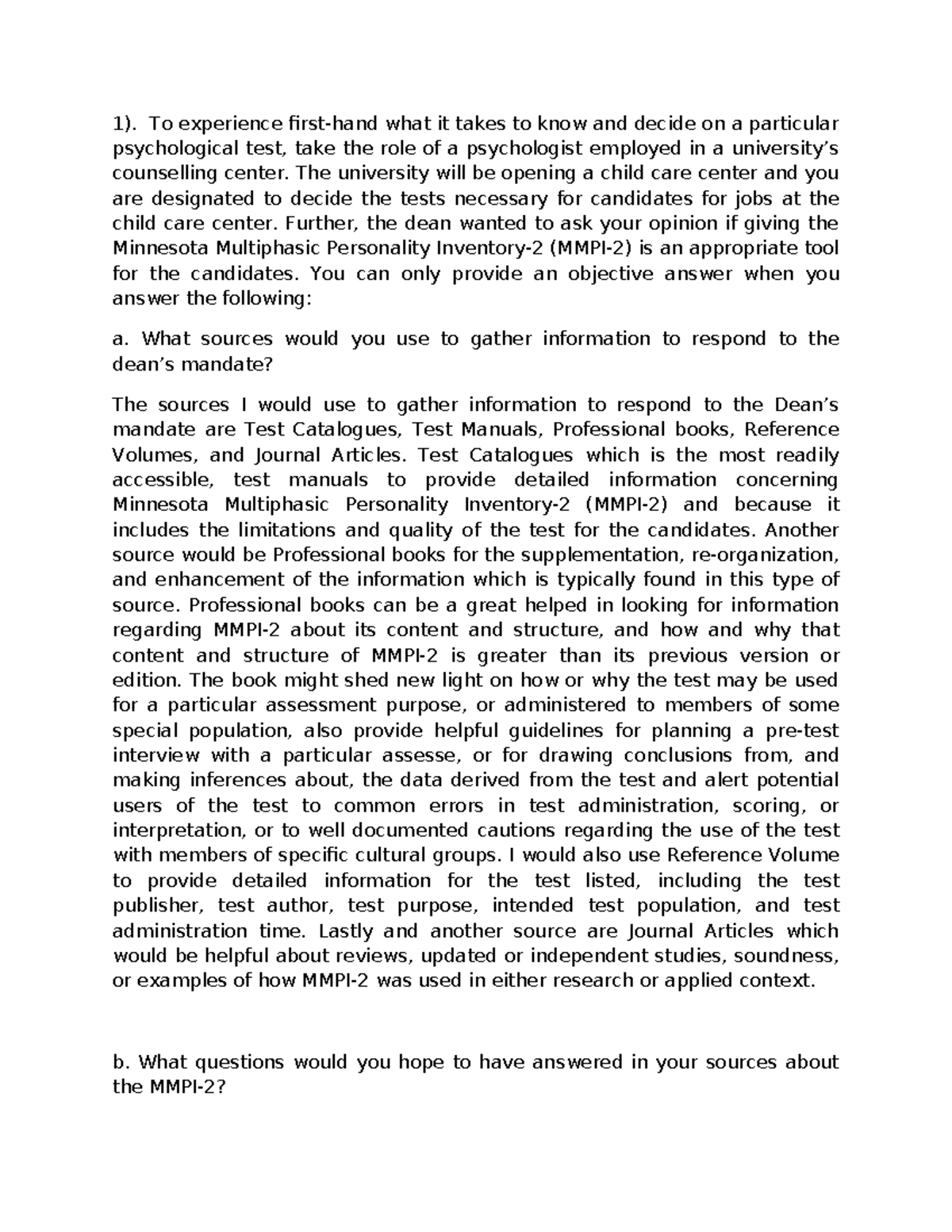 Final Psych Assessment Activities 1-3 - 1). To experience first-hand ...