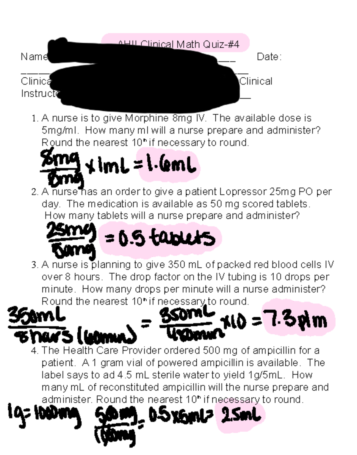 AHII+Clinical+Math+Quiz+ 4 - AHII Clinical Math Quiz-# Name