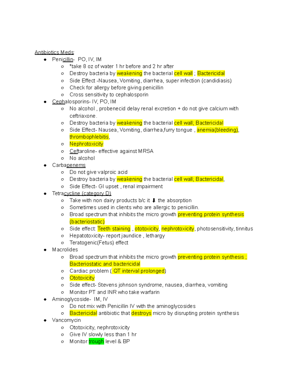 Exam 1 review - hkkh - Antibiotics Meds: Penicillin- PO, IV, IM *take 8 ...