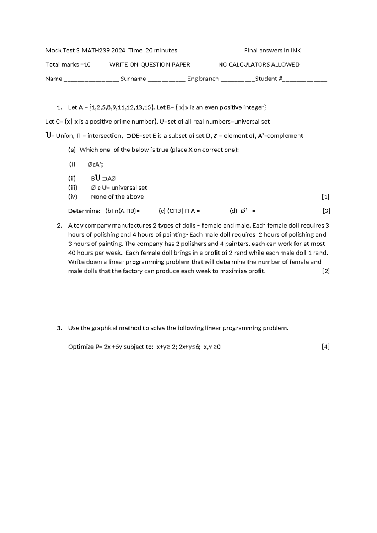 Mock Test 3 2024 Sets And Graphing For Linear Programming Mock Test 3 Math239 2024 Time 20