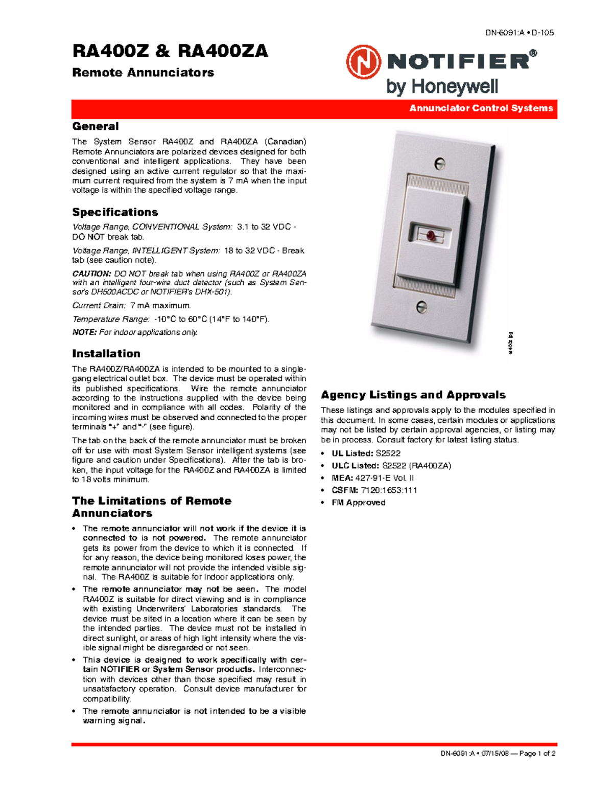 DN 6091 pdf - FSSAFSFSA - DN-6091:A • 07/15/08 — Page 1 of 2 RA400Z ...