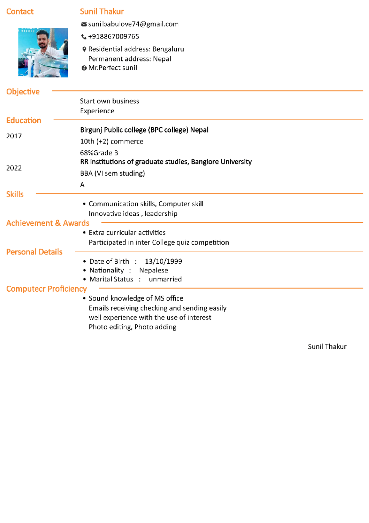 Sunil@resume - BBA - Financial management - Studocu