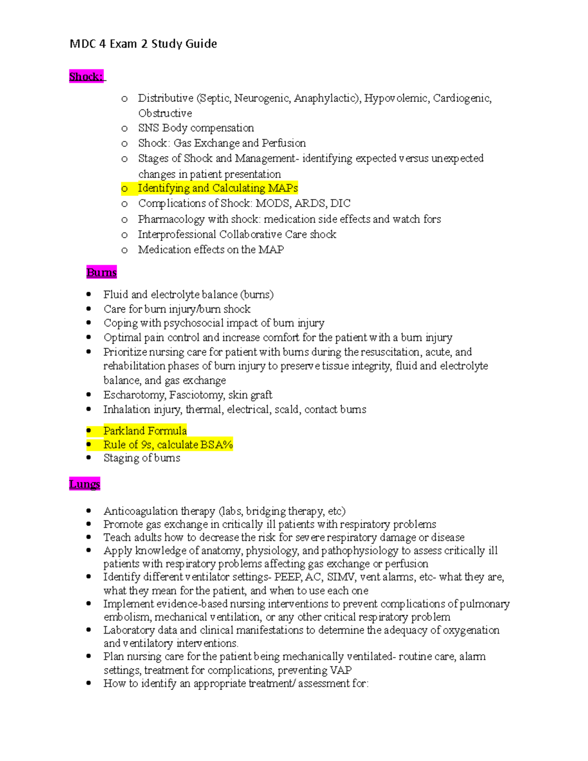 MDC 4 Exam 2 Study Guide - MDC 4 Exam 2 Study Guide Shock: o ...