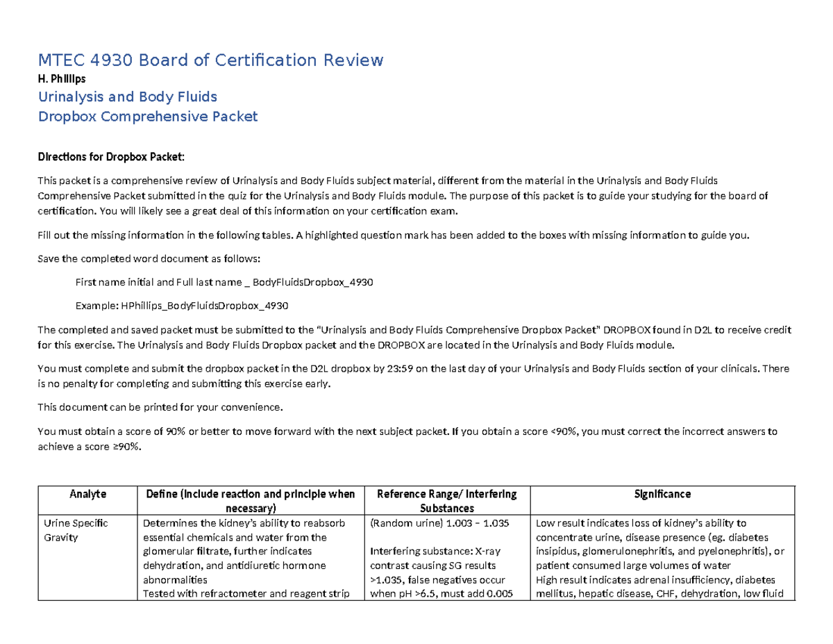 Body Fluids Case Study - MTEC 4930 Board of Certification Review H. Phillips Urinalysis and Body ...