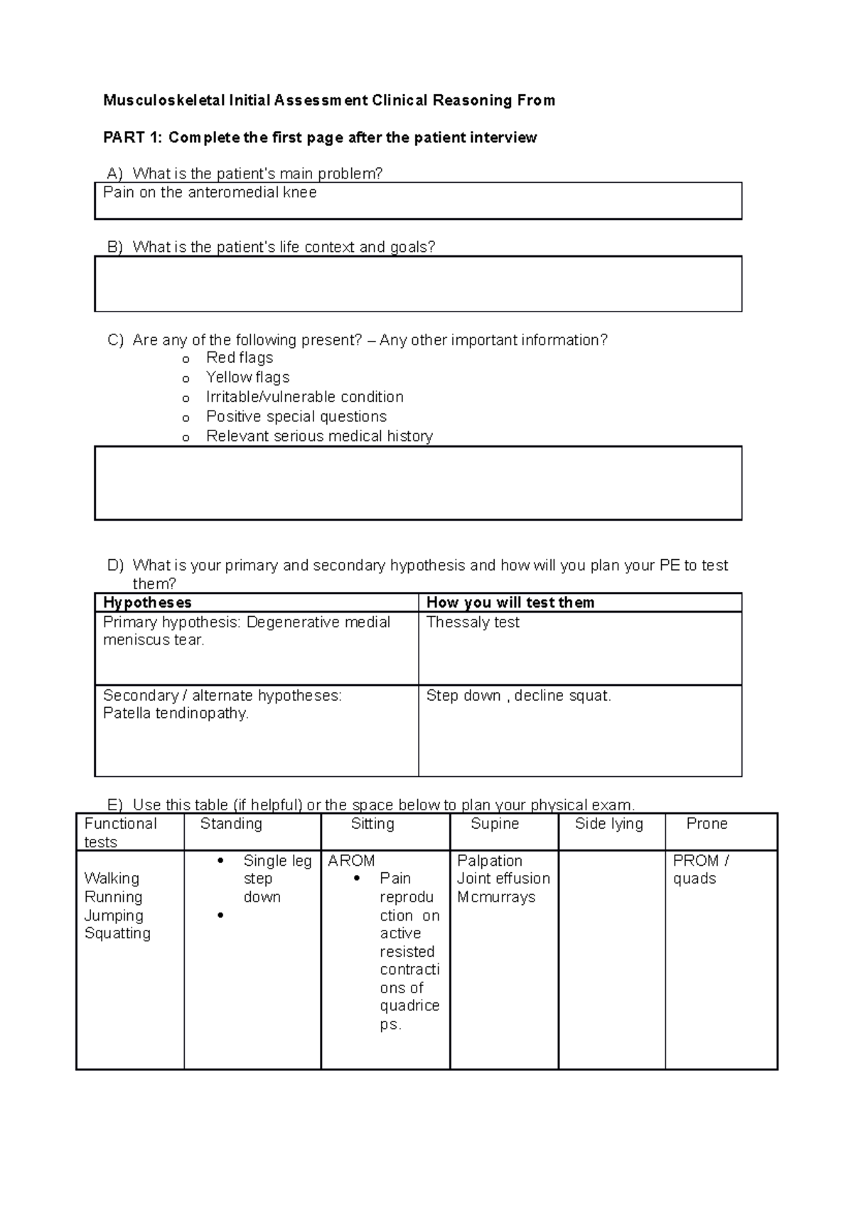 Musculoskeletal Clinical Reasoning Form - Treatment 2021 ...
