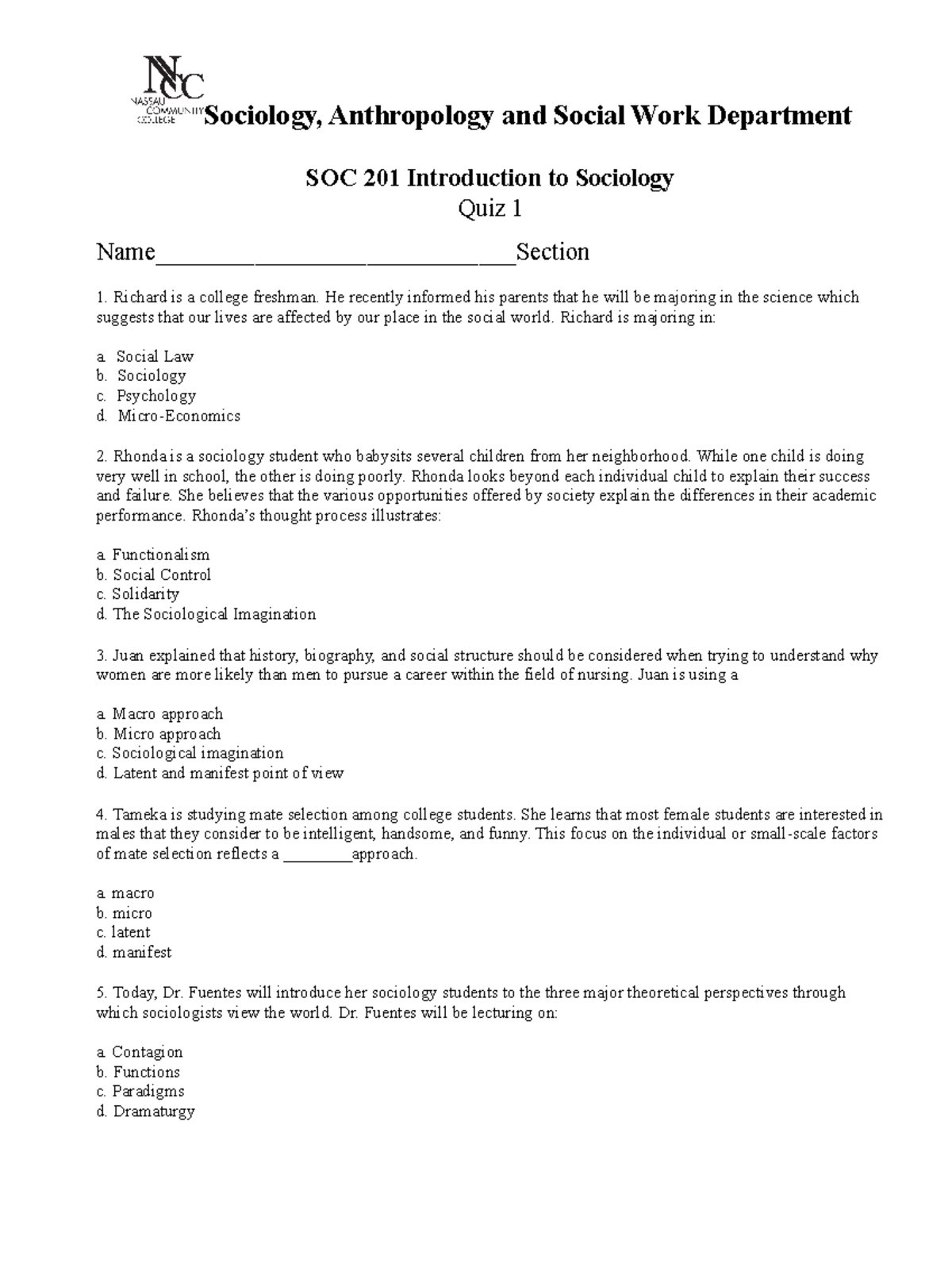 test 1 sociology on chapter 1- for dr. allan - Sociology, Anthropology ...