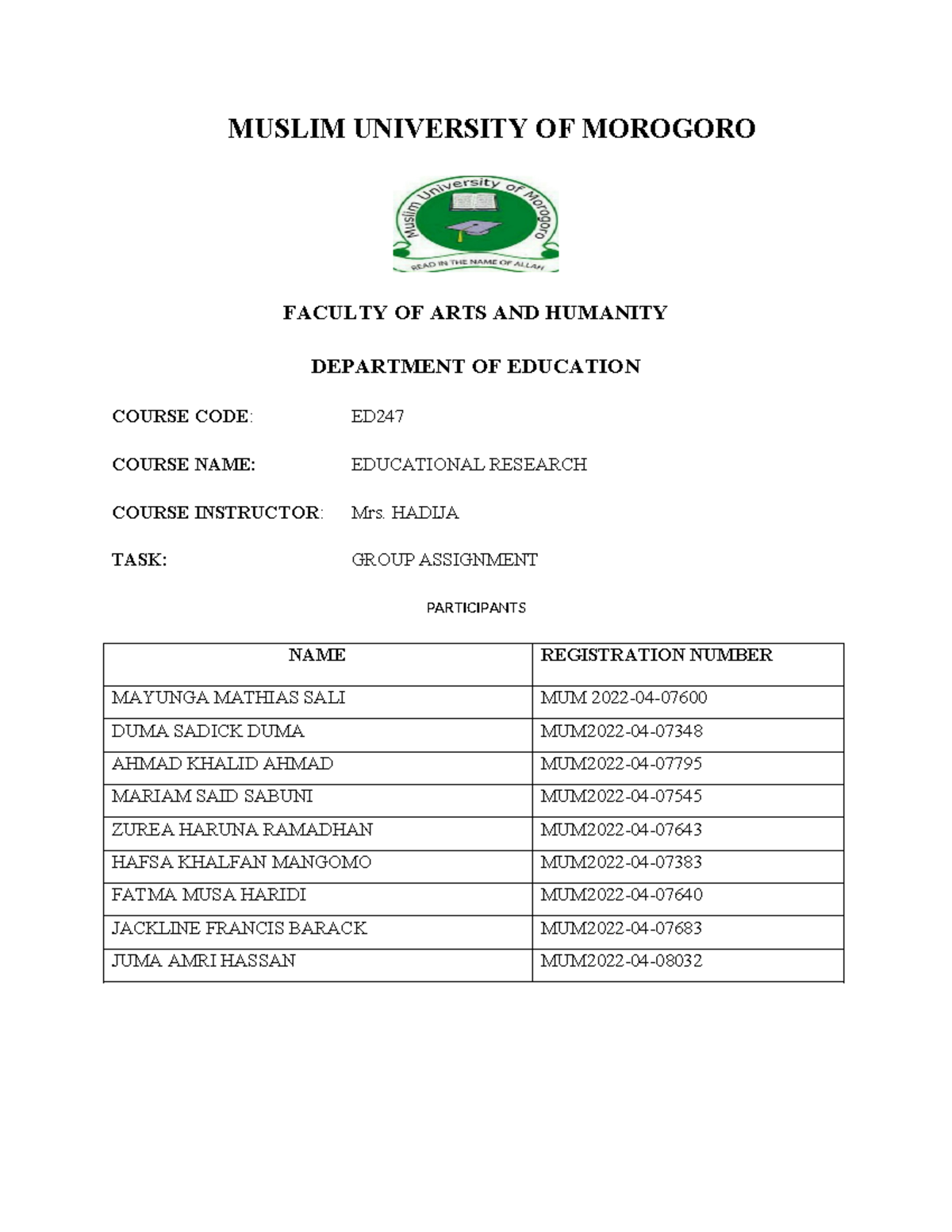 Research design - MUSLIM UNIVERSITY OF MOROGORO FACULTY OF ARTS AND ...