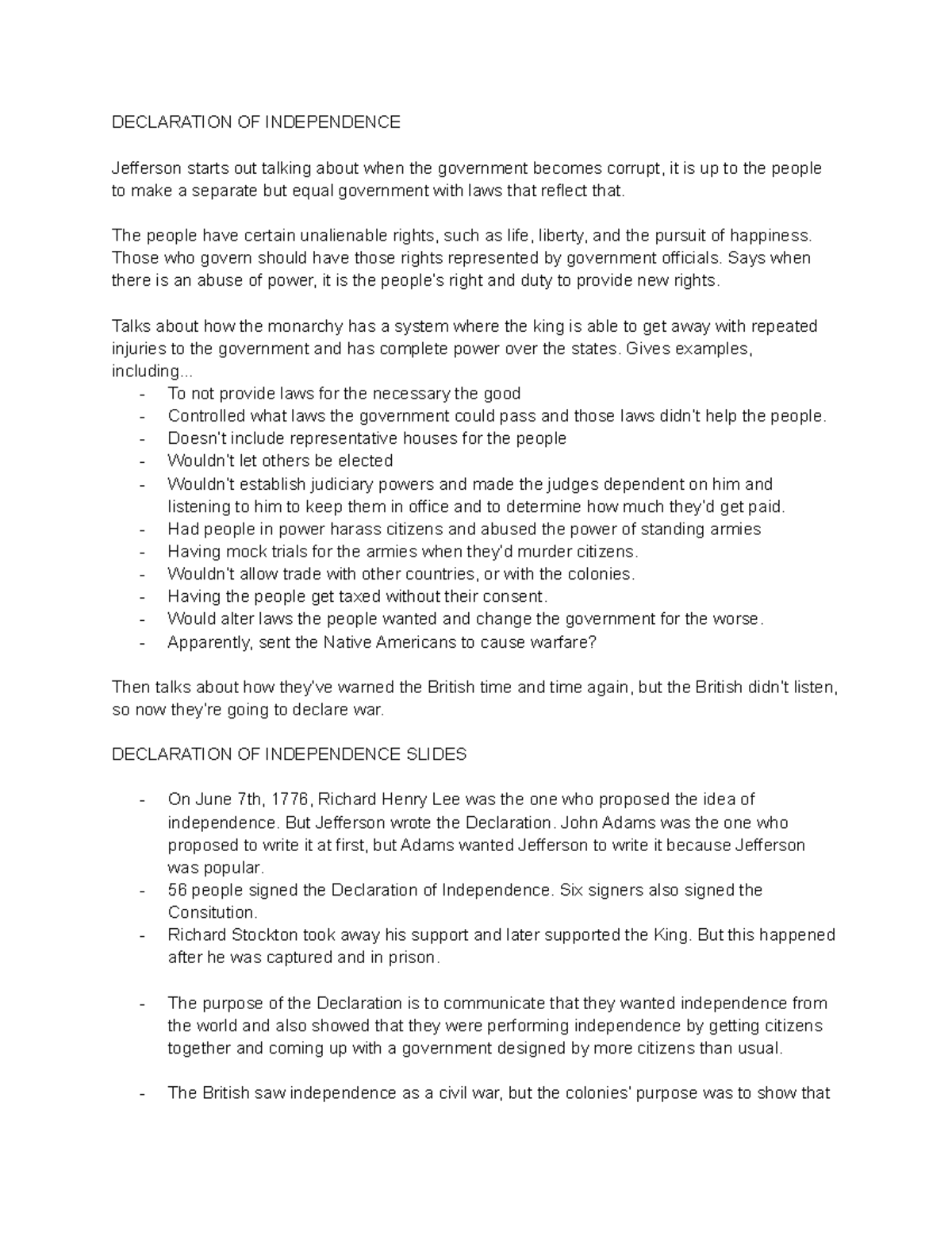 CNST DEM 2455 - Lecture Notes for the Declaration of Independence unit ...