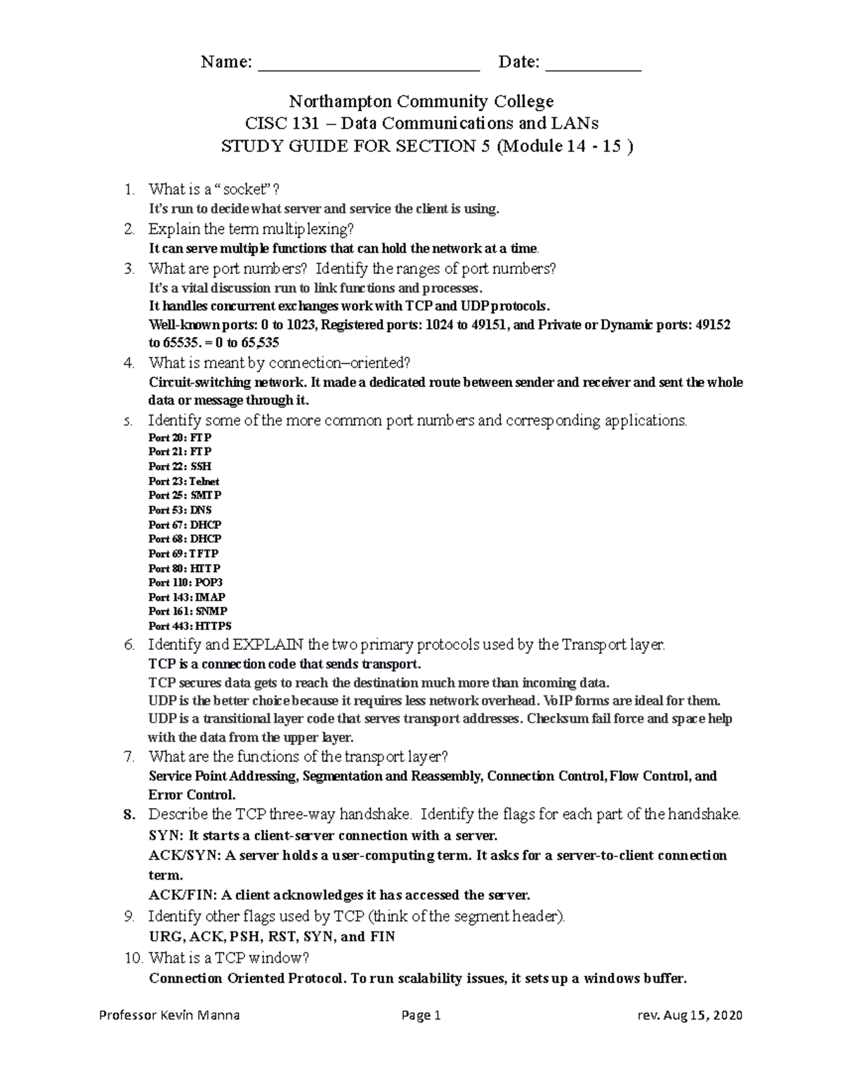 Itn V7 Sg Section 5 Modules 14 15 Northampton Community College Cisc 131 Data