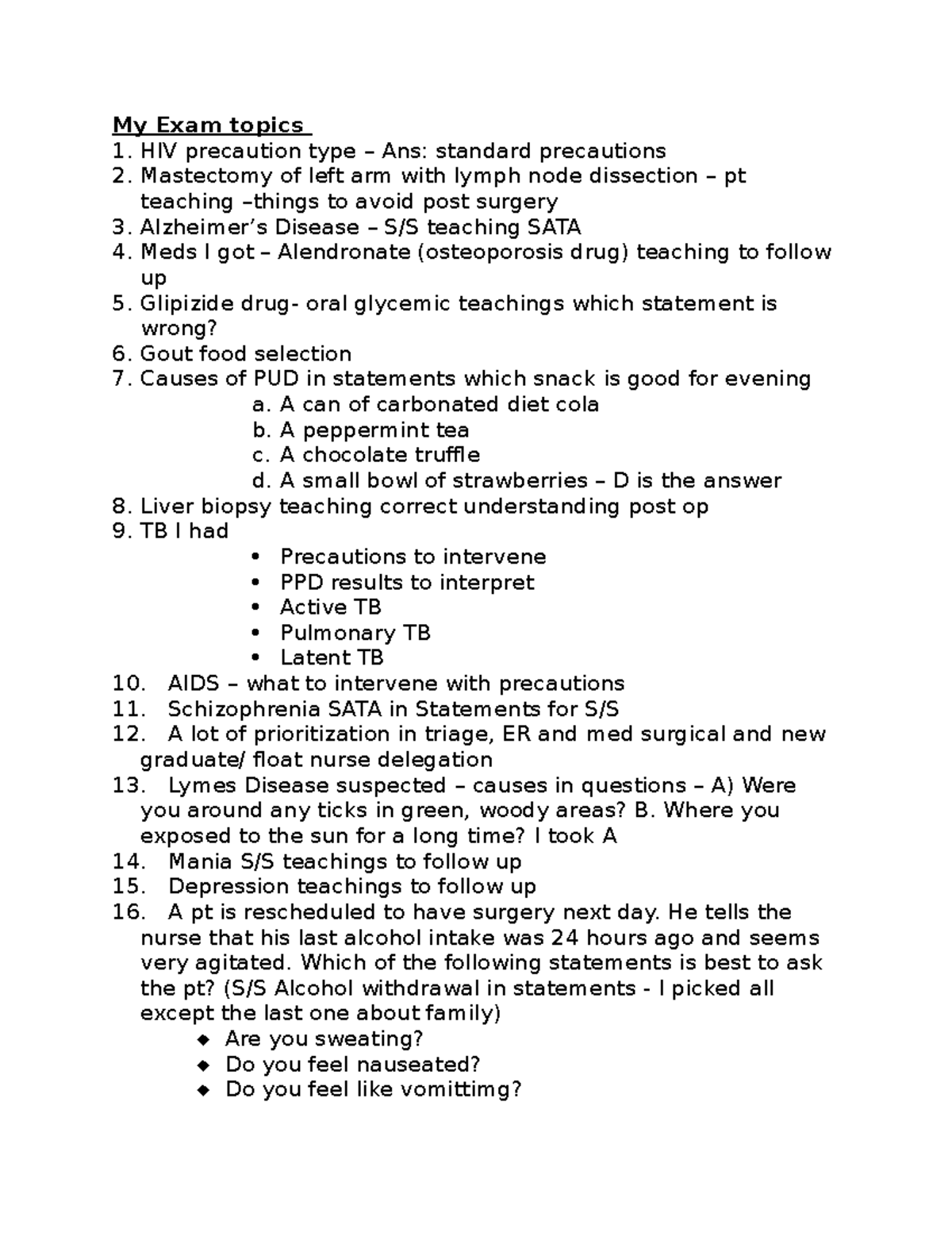 My Exam topics - study materials for review - My Exam topics HIV ...