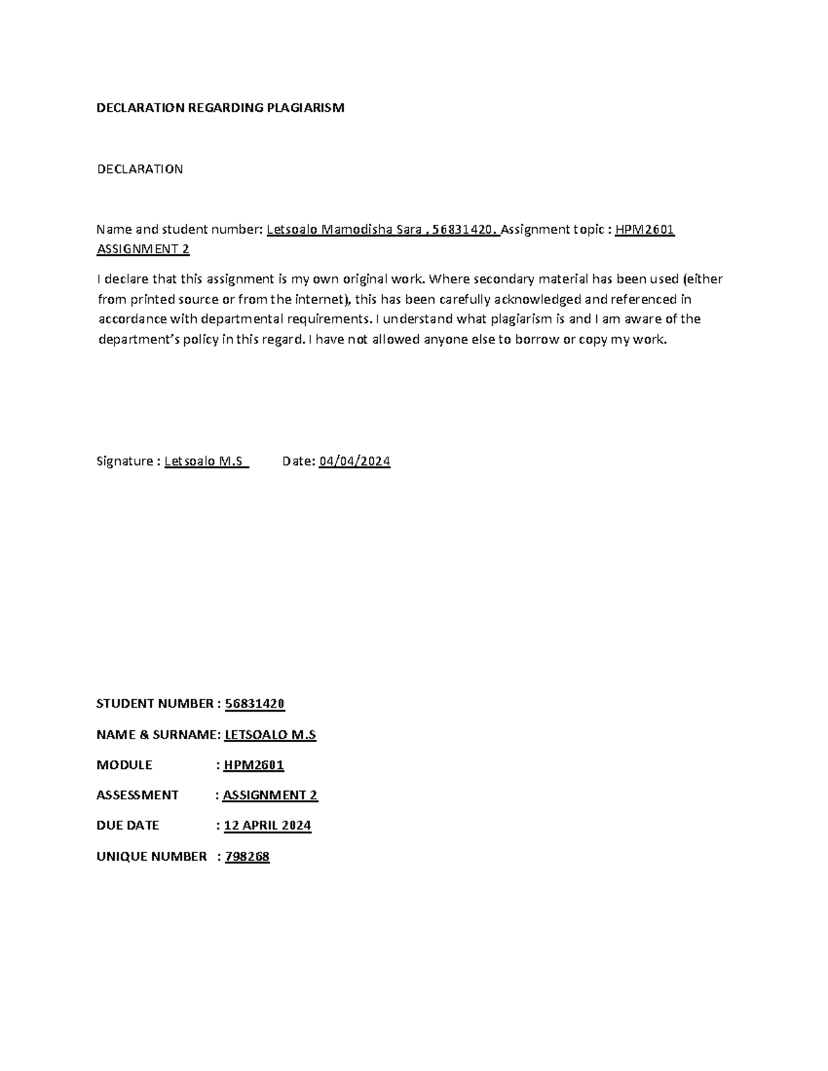 HPM2601 assignment no2 - DECLARATION REGARDING PLAGIARISM DECLARATION ...