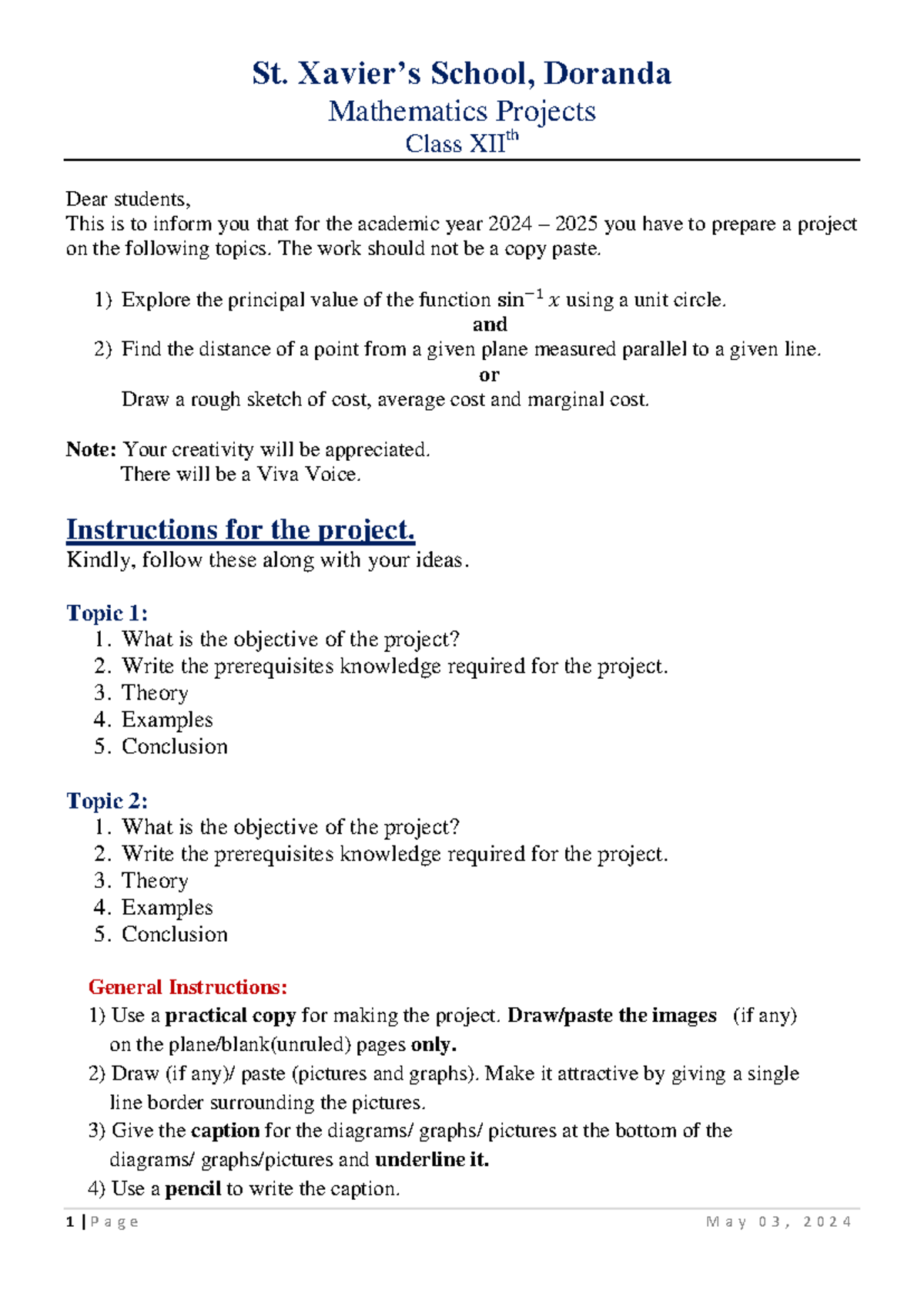 Class XII maths Project 2024 - 25 - 1 | P a g e M a y 0 3 , 2 0 2 4 St ...