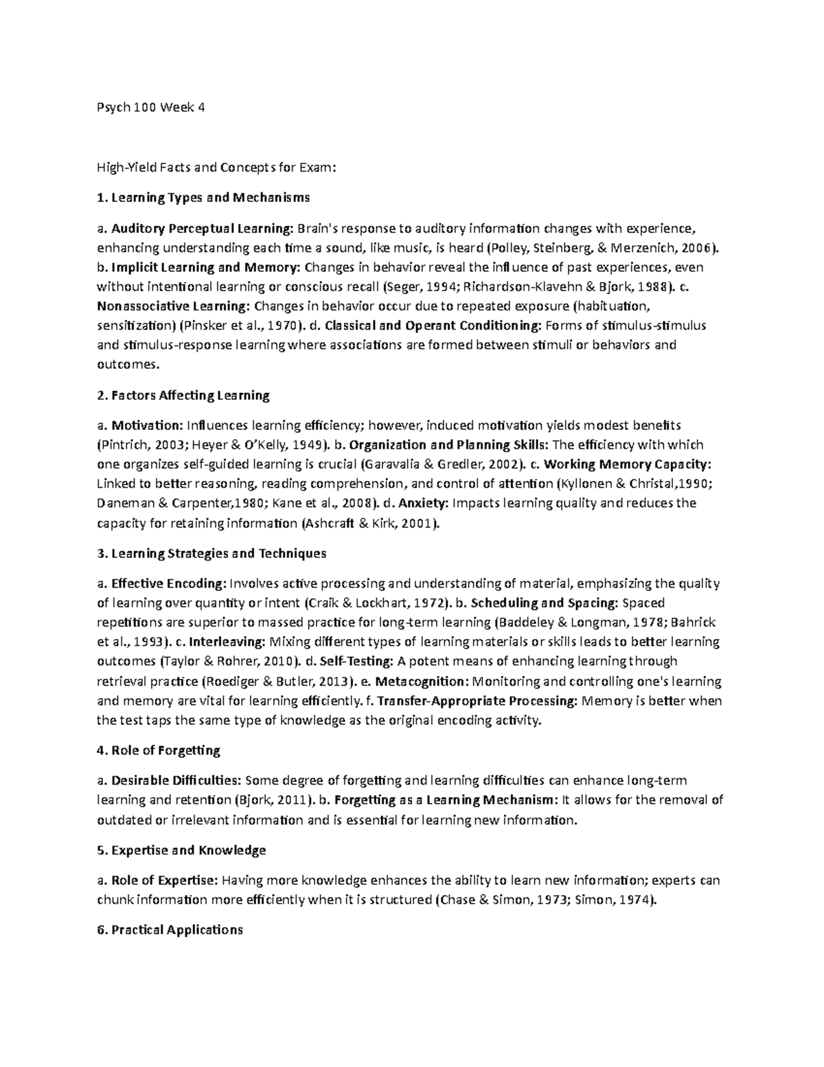 Psych 100 Week 4 - Psych 100 Week 4 High-Yield Facts and Concepts for ...