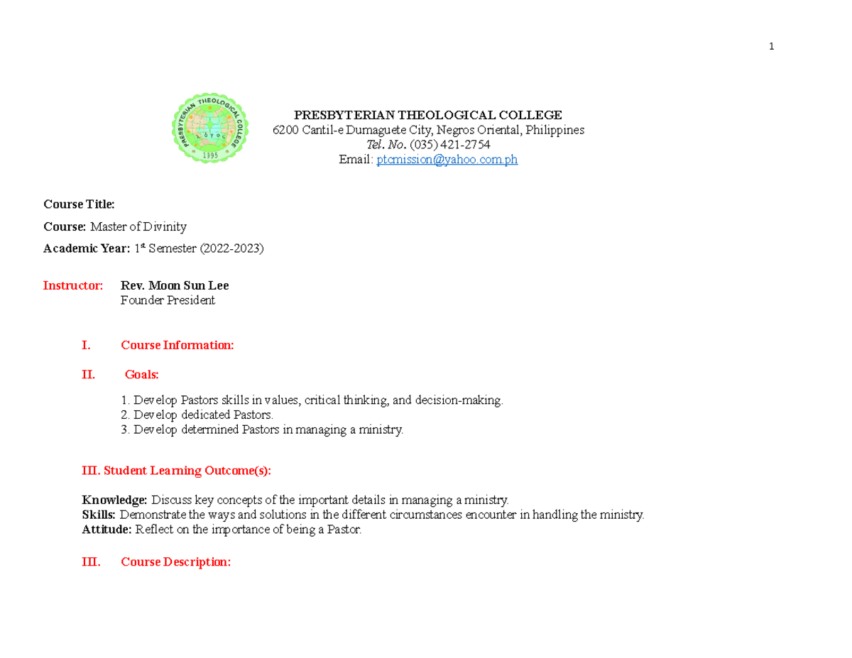 Course Syllabus - PRESBYTERIAN THEOLOGICAL COLLEGE 6200 Cantil-e ...
