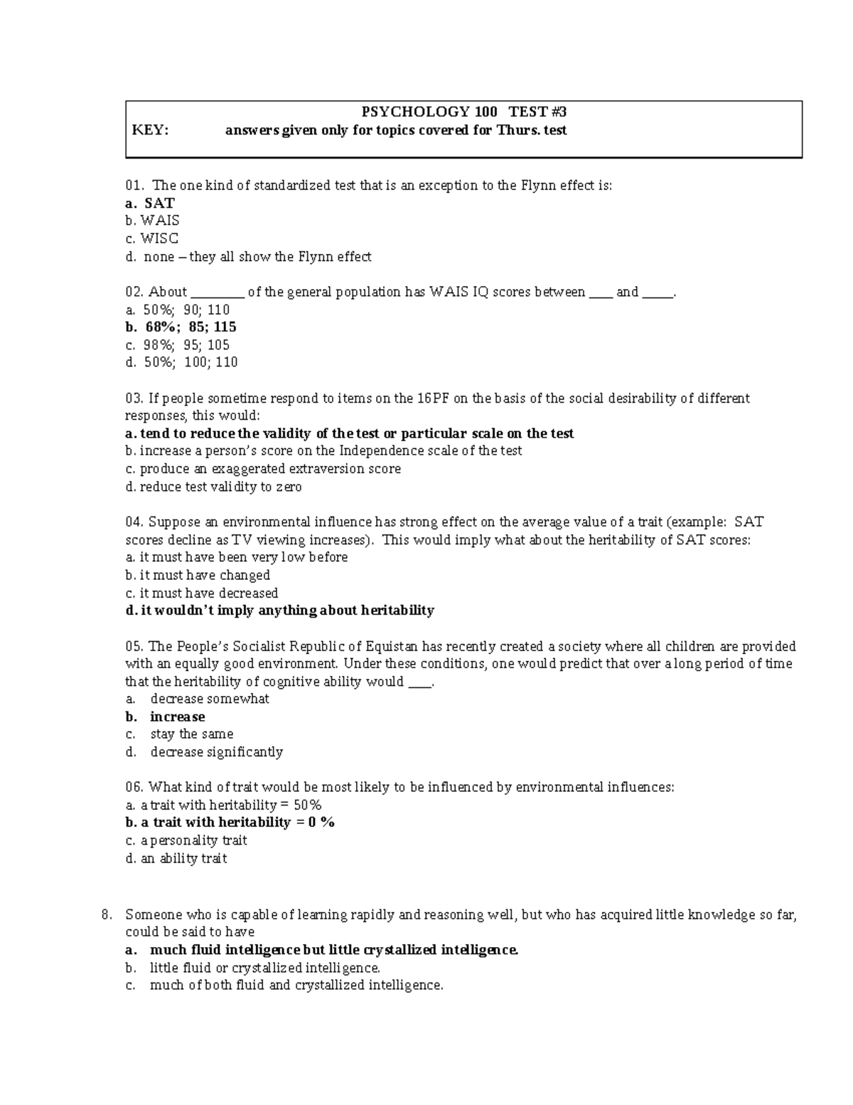 Sample Test 3KEY - notes - PSYCHOLOGY 100 TEST KEY: answers given only ...