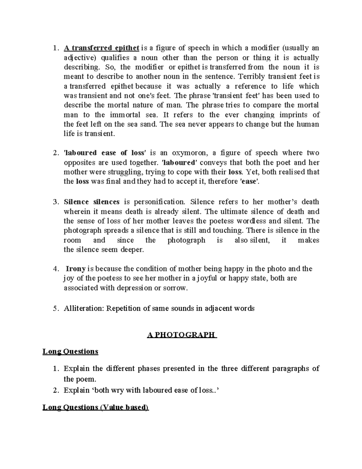 A Photograph (Q and Poetic devices)-2 - A transferred epithet is a ...