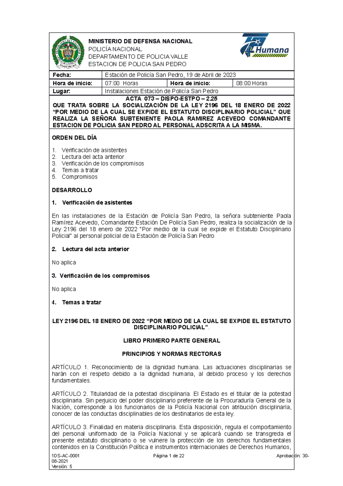 Acta ejemplo Socialización Ley 2196 Estatuto disciplinario - MINISTERIO ...