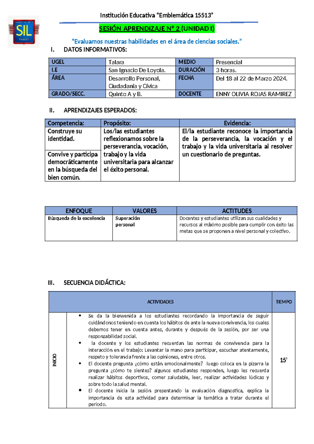 Sesión De Evaluación Diagnóstica 5to Ab Enny Institución Educativa 5811