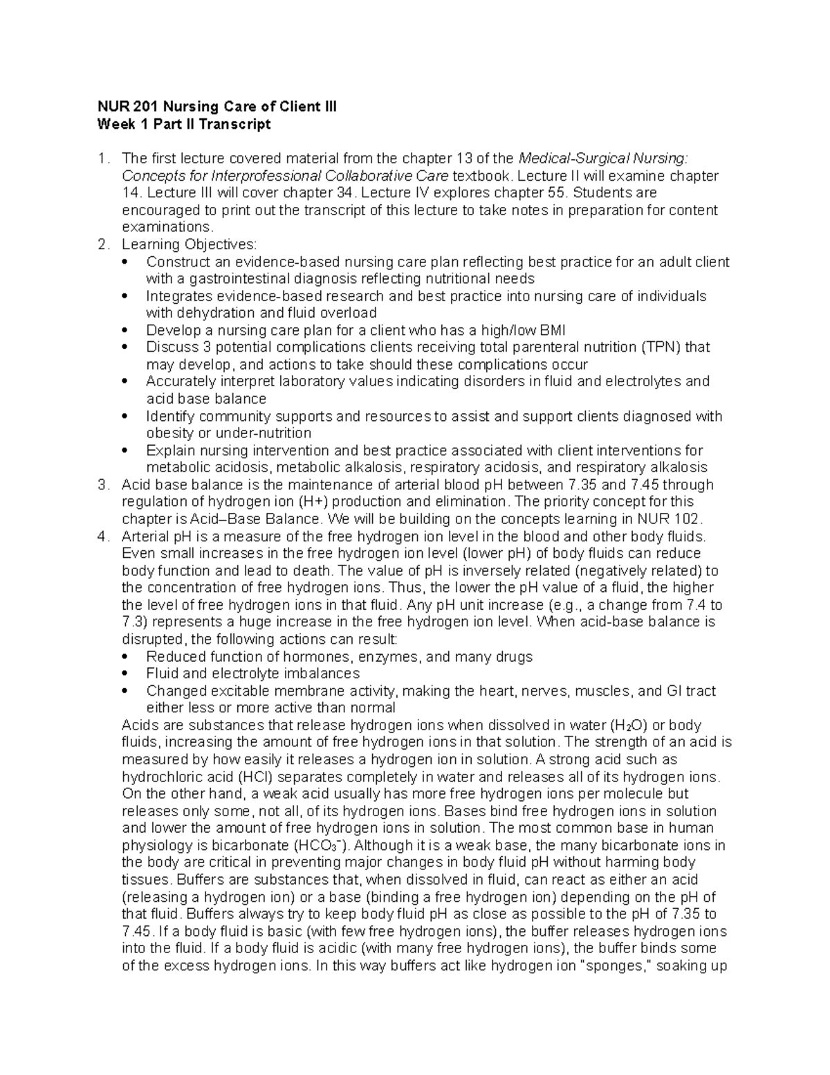 NUR 201 Nursing Care of Client III Week 1 Part II Transcript - Lecture ...
