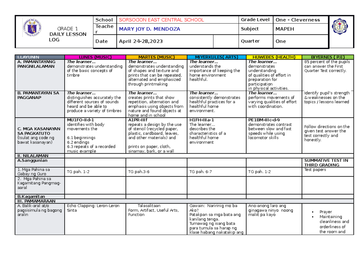 Mapeh Third Quarter WEEK 5 - GRADE 1 DAILY LESSON LOG School SORSOGON ...