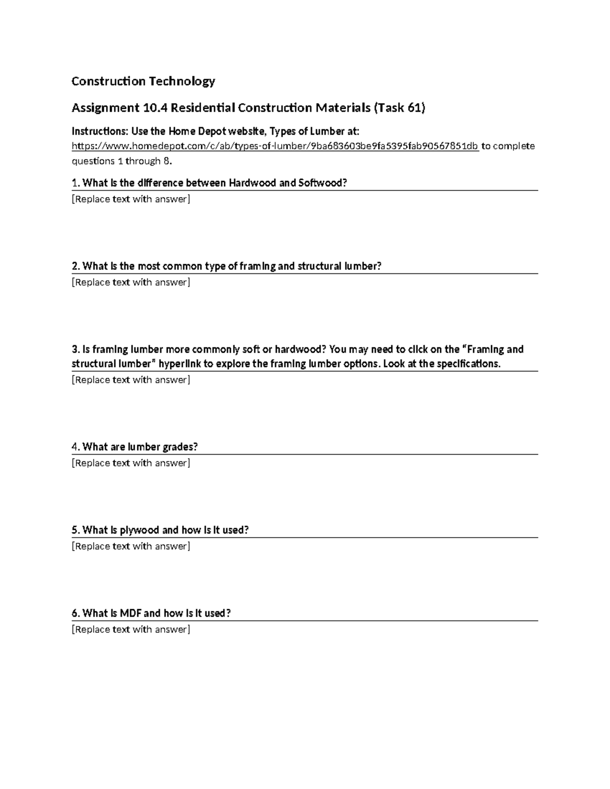 Assignment 5 - the answers are here - Construction Technology Assignment 10 Residential ...