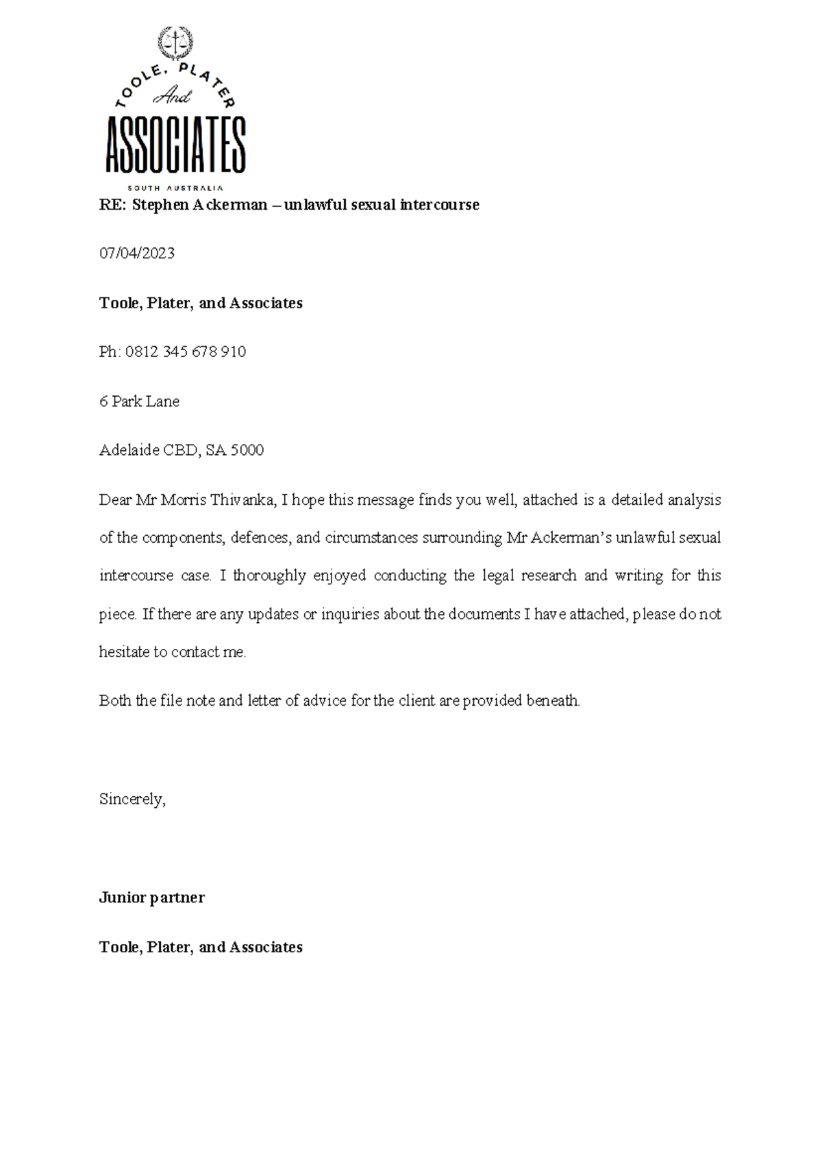 Interim assignment - RE: Stephen Ackerman – unlawful sexual intercourse ...