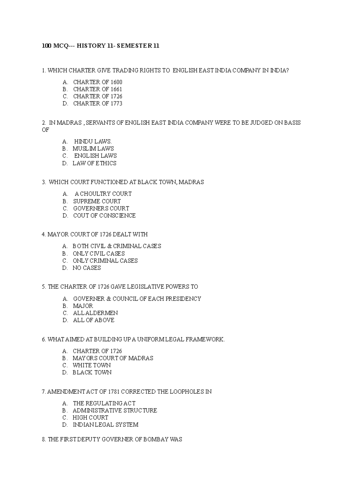 History 100 MCQ - 100 MCQ- HISTORY 11- SEMESTER 11 1. WHICH CHARTER ...
