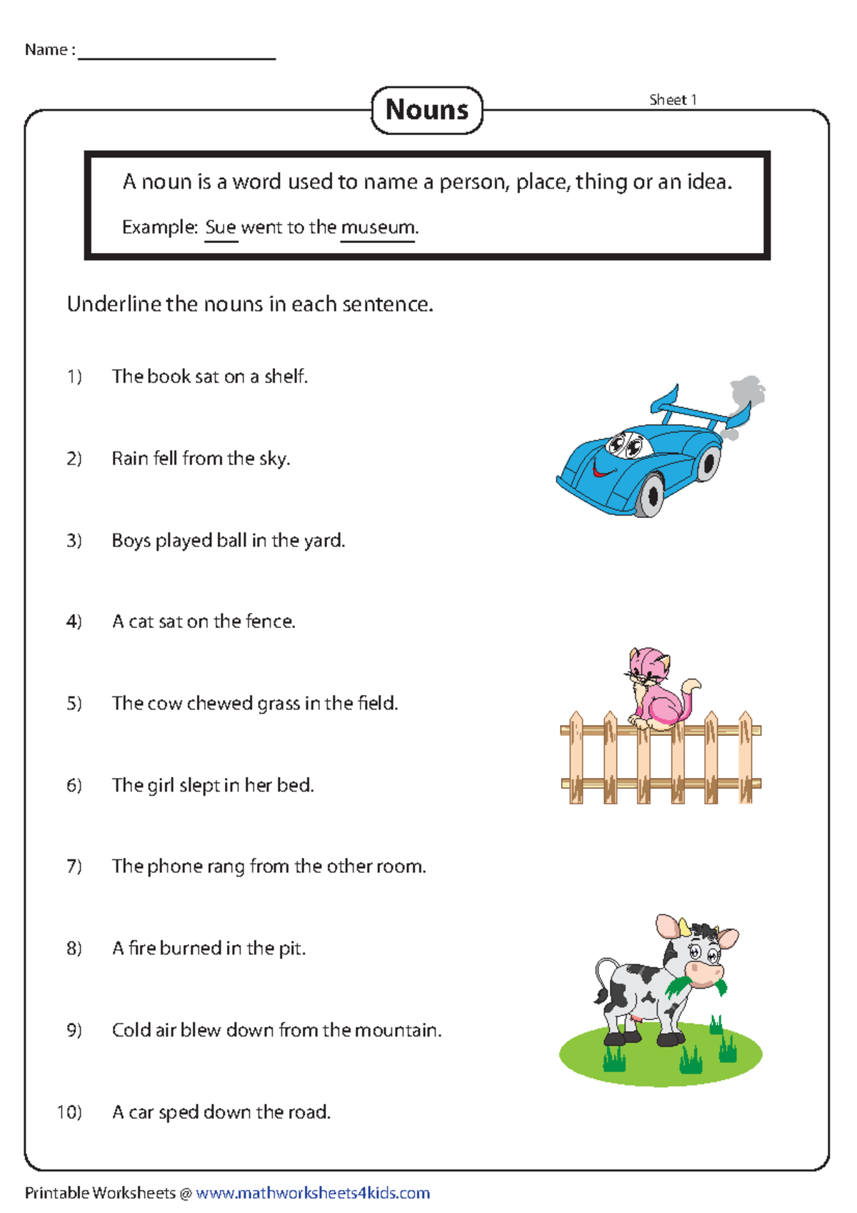 Underline-nouns - none - The girl slept in her bed. The phone rang from ...